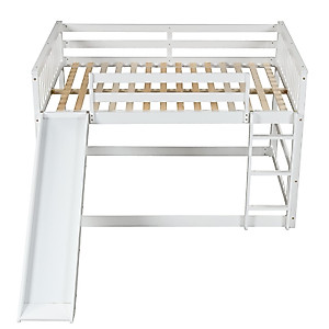 Bellemave Full Over Full Low Bunk Bed with Slide Wood Floor Bunk Beds with Ladder for Kids Boys Girls Teens, White