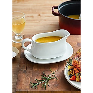 LE TAUCI 17oz Gravy Boat with Saucer Stand, Set of 2, Ceramic Sauce Boat with Tray for Salad Dressings, Creamer, Broth, Black Pepper, White