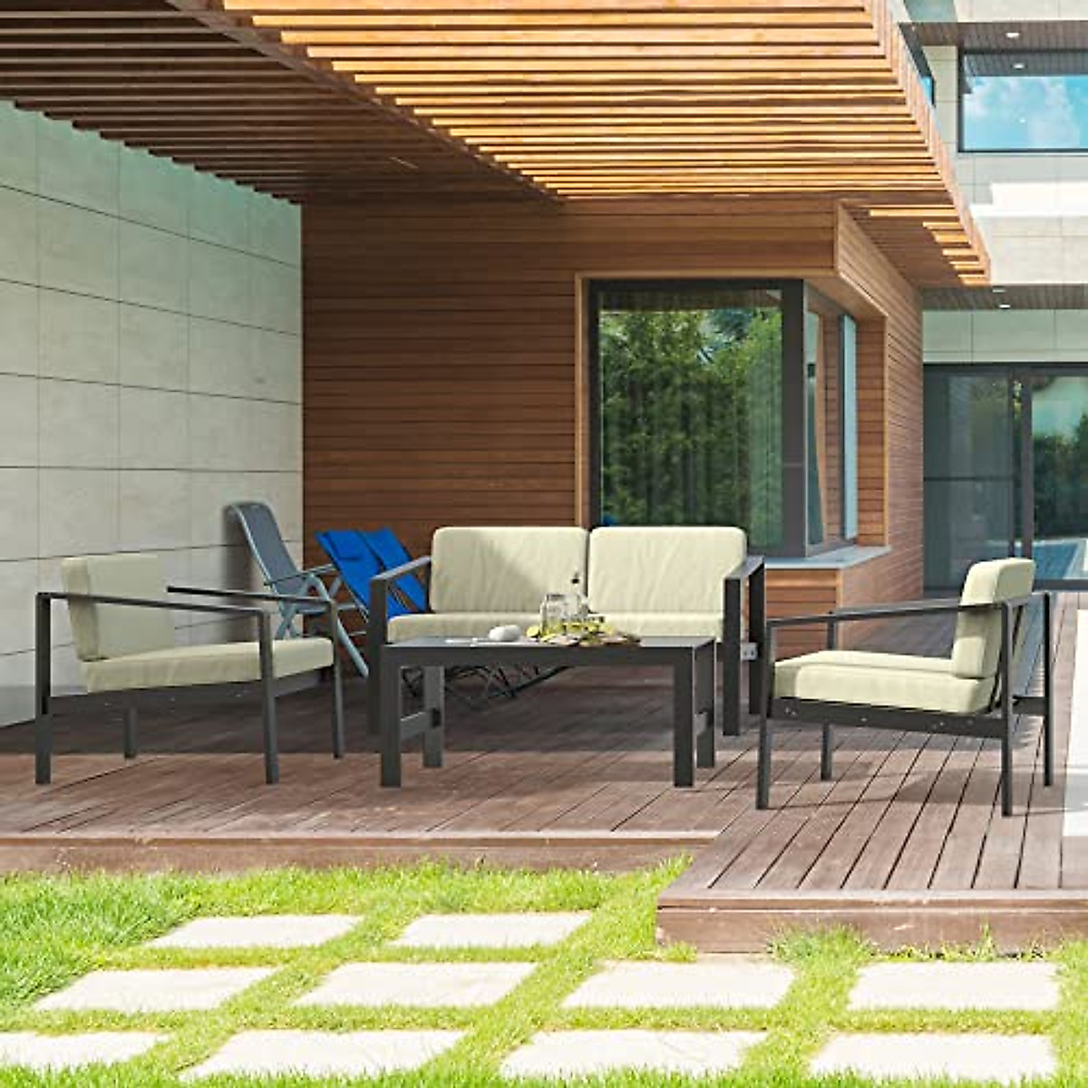 3 Pieces Outdoor Patio Sectional Sofa Couch, Aluminum Furniture Sets, White Outdoor Sofa Sets,Patio Conversation Sets for Restaurant, Outdoor Courtyard, Garden, Open-air Balcony, Poolside