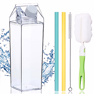 Fanovo 17oz Milk Carton Water Bottle Clear Milk Bottles Transparent Drinking Cup Reusable Creative Eco Leakproof Bottles with 2 Silicone Straws & 2 Cleanning Brushes for Camping Sports Travel