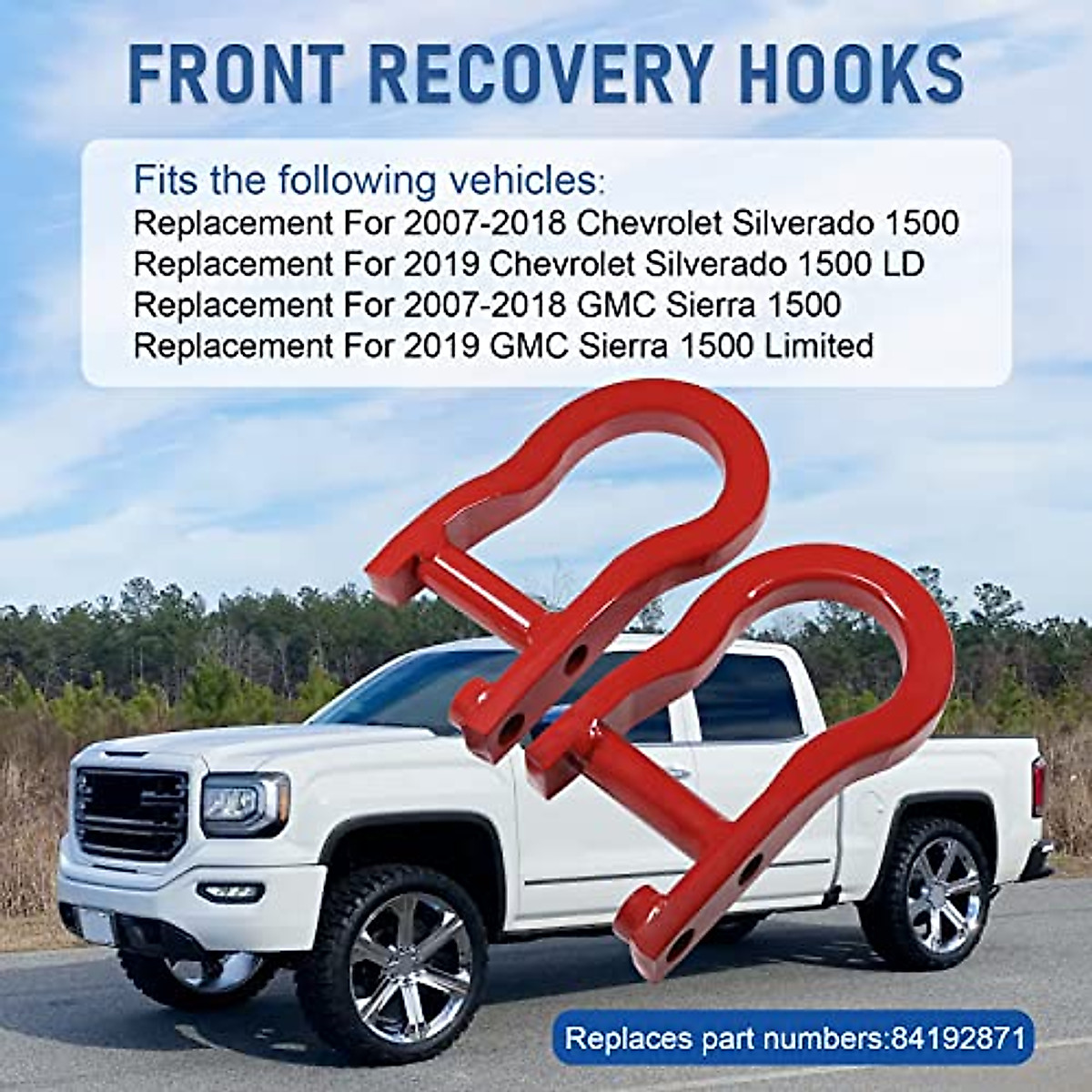 CARMOCAR Front Tow Hooks Replacement for Chevy Silverado GMC Sierra 1500 2007-2019 in Red Car Tow Hook Ring Front Lower Bumper Trailer Ring 84192871 Steel Alloy