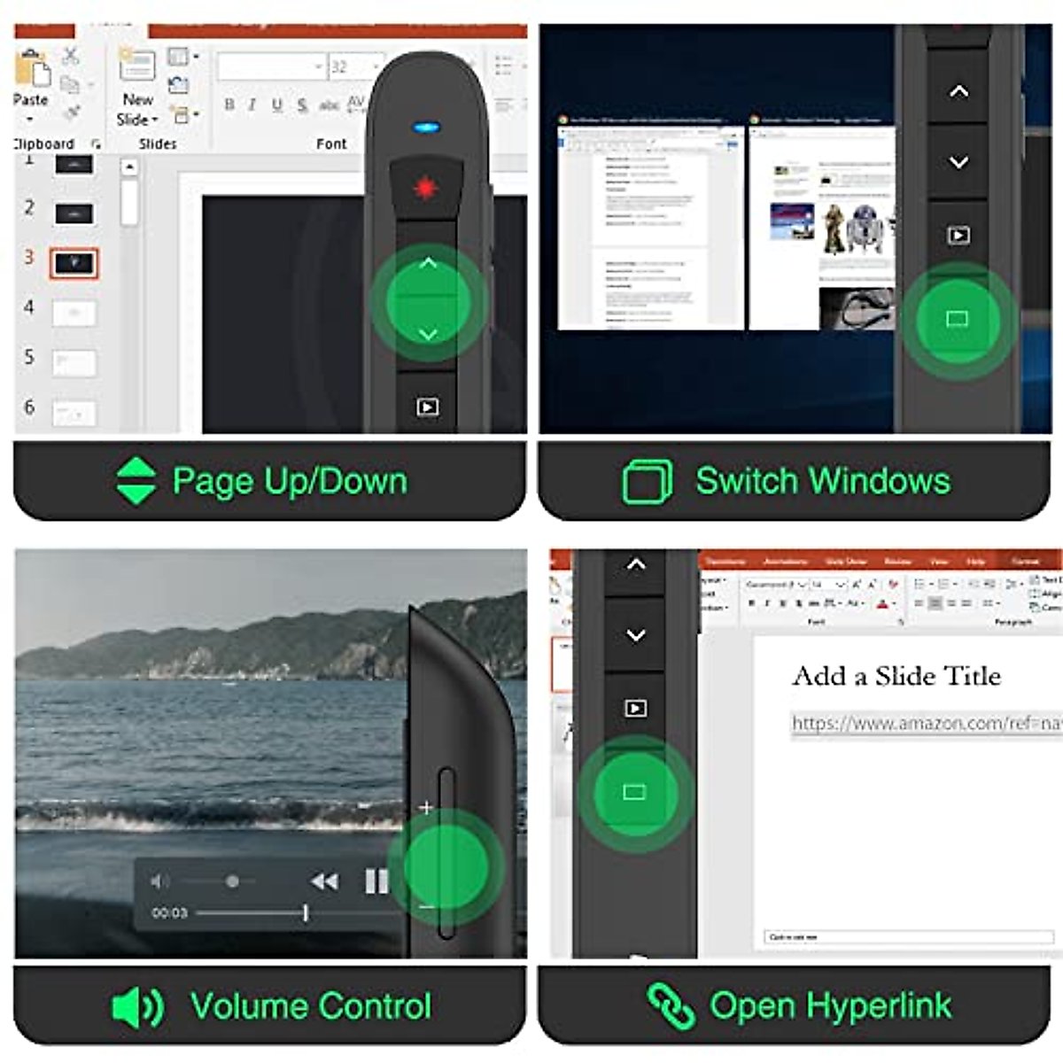 Presentation Clicker Green Laser Pointer, Rechargeable PowerPoint Clicker Wireless Presenter Remote, RF 2.4GHz USB Presentation Pointer Slide Advancer with Hyperlink Volume Control for Mac Computer