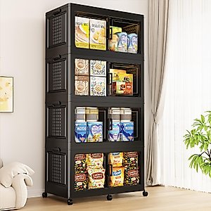 QAVABIN 160Gal/640Qt Large Storage Bins with Lid/Wheels/Doors/Dividers - 4 Tier Foldable Stackable Plastic Drawers, Extra Large Collapsible Cabinets Containers, Closet Organizers, Garage Totes, Black