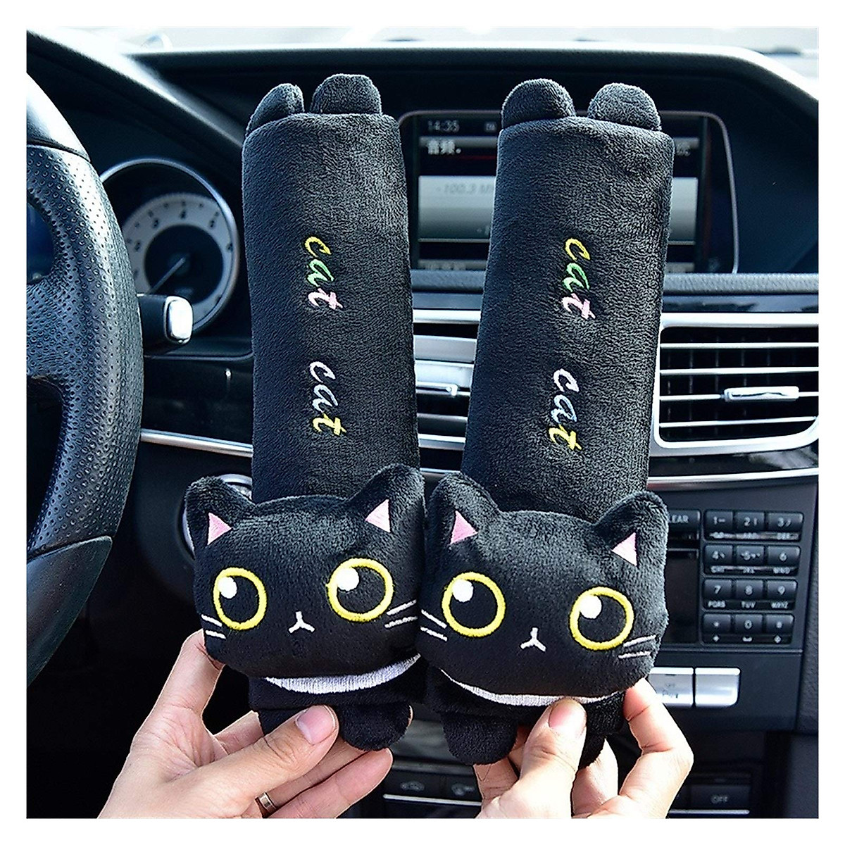 Hhhong Cute Cat Owl Cartoon Car Neck Pillow Headrest Car Seat Belt Shoulder Pad Sets Travel Mat Cat Rearview Mirror Cover (Color : 1pc seat Belt Cover)