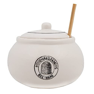 Creative Co-Op White Stoneware Honey Pot with Lid & Wood Honey Dipper (Set of 2 Pieces)