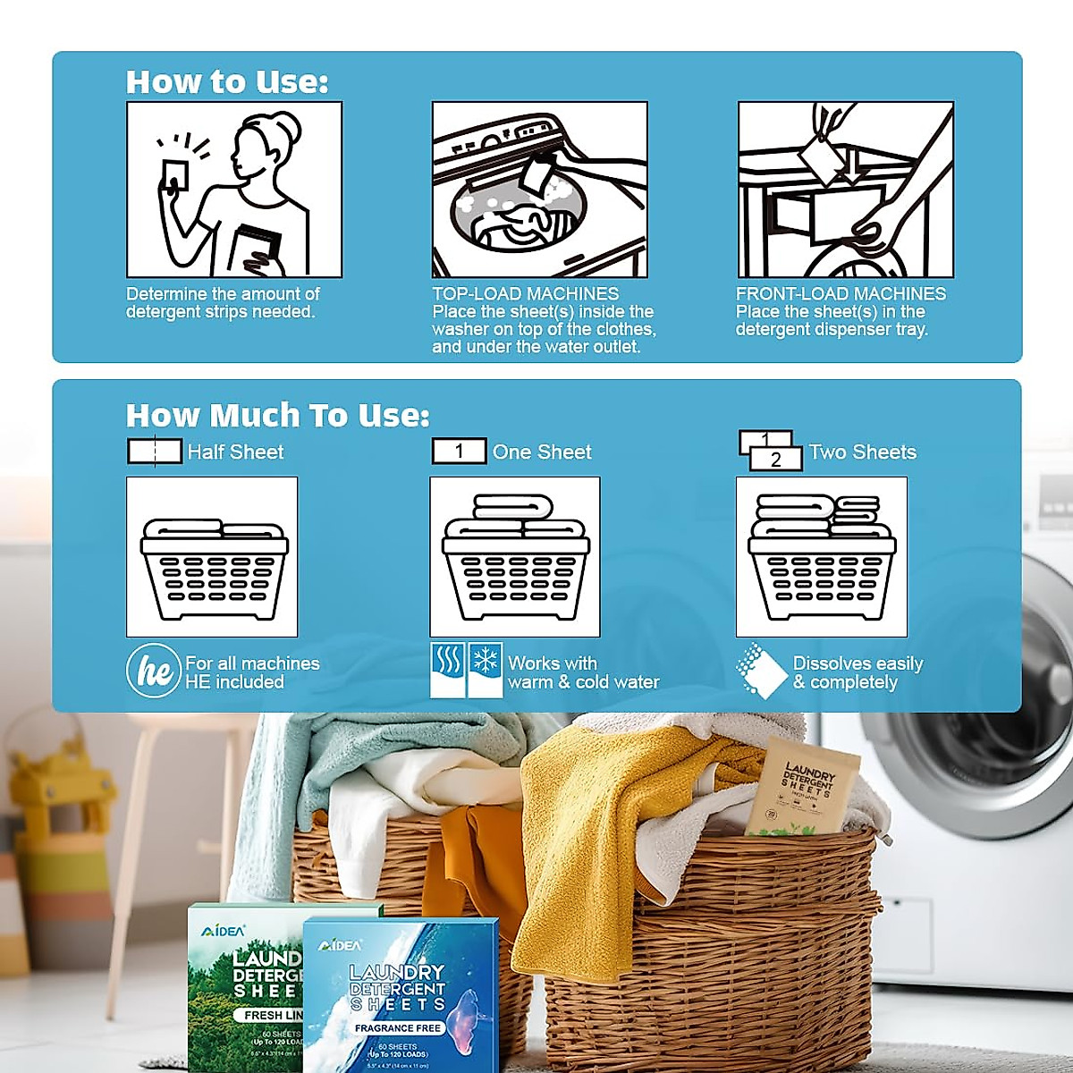 AIDEA Laundry Detergent Sheets, Laundry Sheets Detergent, Washer Sheets Detergent, No Plastic Jug, Laundry Soap Sheets For Travel, Home Washing, Fresh Scent-(160 Loads) 80 Sheets