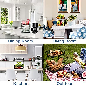 2 Tier Fruit Basket for Kitchen, Tiered Fruit Basket Kitchen Countertop Organizer, Bread Vegetable Storage Wire Metal Bowl with Banana Hanger Holder Stand, Detachable Counter Decor Black Farmhouse