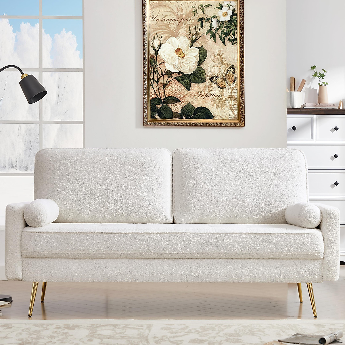 HIFIT 70" White Loveseat Sofa Couch, Mid Century Modern Fluffy Couch with Deep Love Seat & 2 Pillow, Comfy 3-Seater Home Sofa Living Room Small Couches for Small Space,Bedroom,Office, Solid Wood Frame