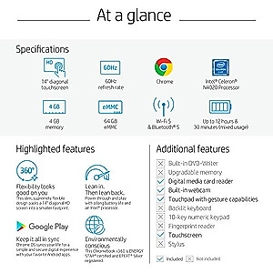 HP Laptop X360 14a Chromebook 14" HD Touchscreen, Entertaining from Any Angle Intel Celeron, 4GB LPDDR4 64GB eMMC WiFi Webcam Stereo Speakers Bluetooth 4.2 Chrome Blue Metallic Color (Renewed)