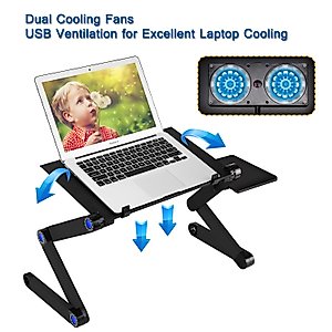 Laptop Table, Adjustable Laptop Bed Table, Laptop Computer Stand, Portable Laptop Workstation Notebook Stand Reading Holder with Large CPU Cooling Fan and Mouse Pad in Bed Couch Office Sofa