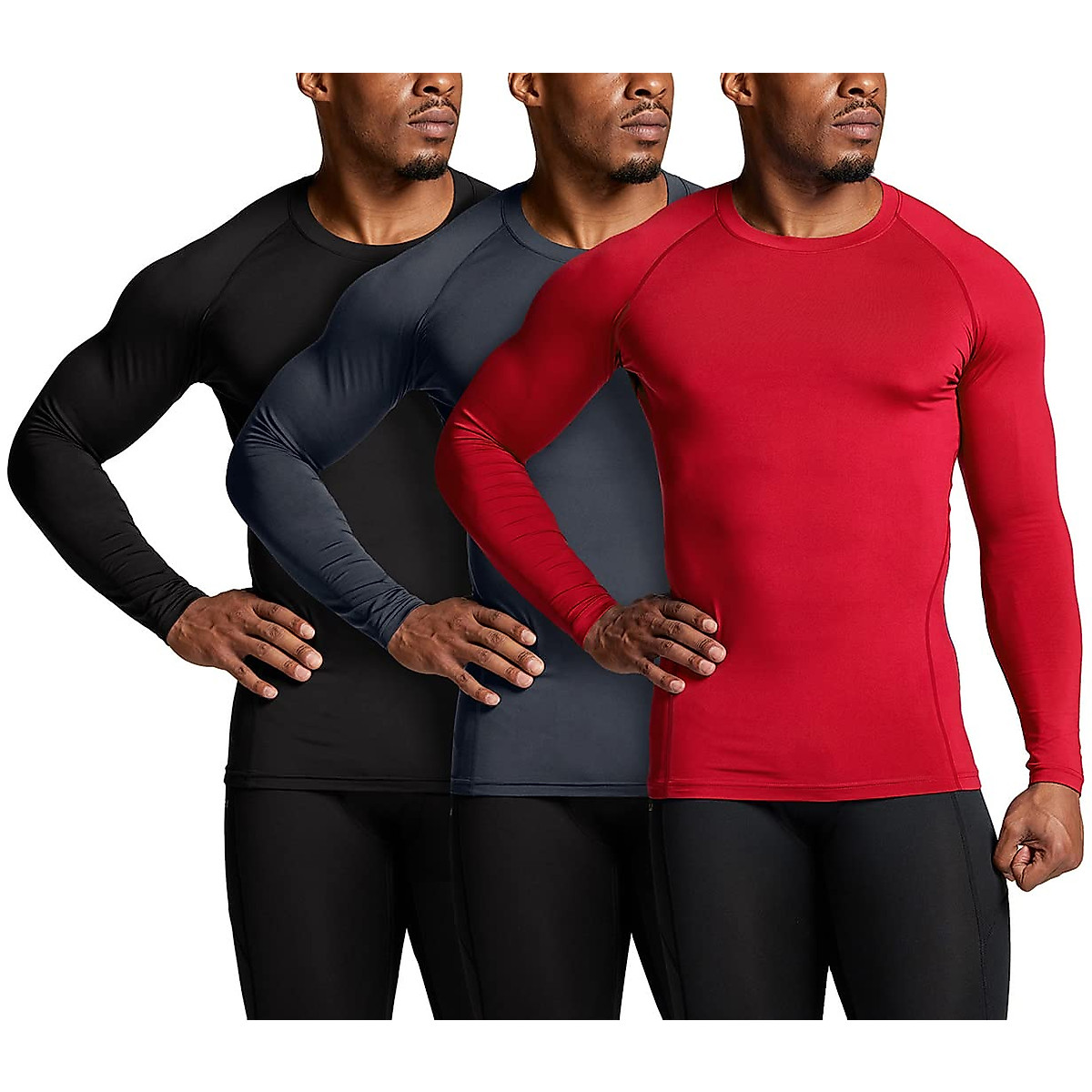 ATHLIO Men's Thermal Long Sleeve Compression Shirts, Winter Gear Sports Base Layer Top, Athletic Running T-Shirt, Active Top 3pack Black/Charcoal/Red, Medium