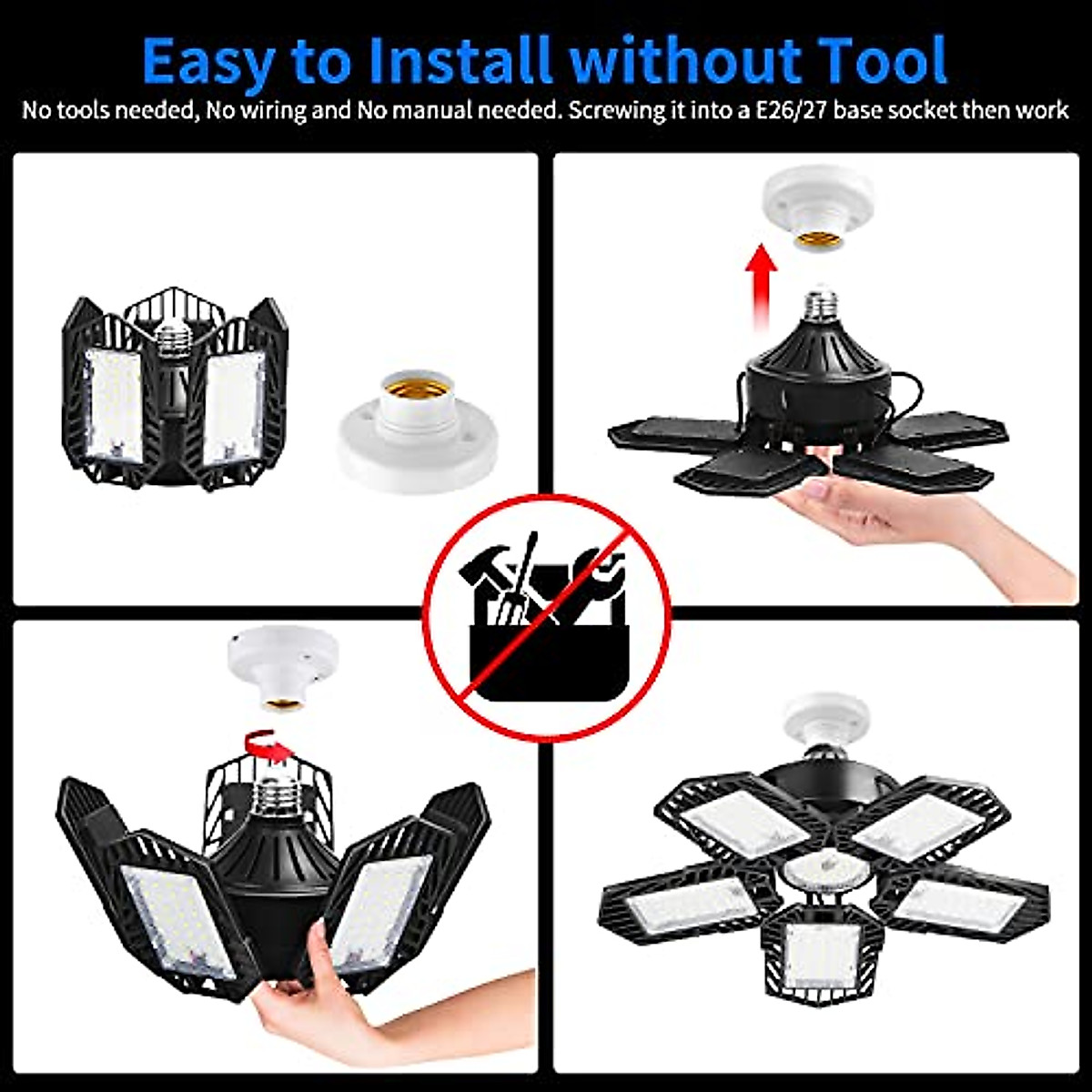 LED Garage Lights, 150W 15000 Lumens Garage Lights, Daylight Garage Lighting, Deformable Garage Ceiling Lights with 6+1 Adjustable Panels, E26/E27 LED Shop Lights for Workshop, Basement and Warehouse