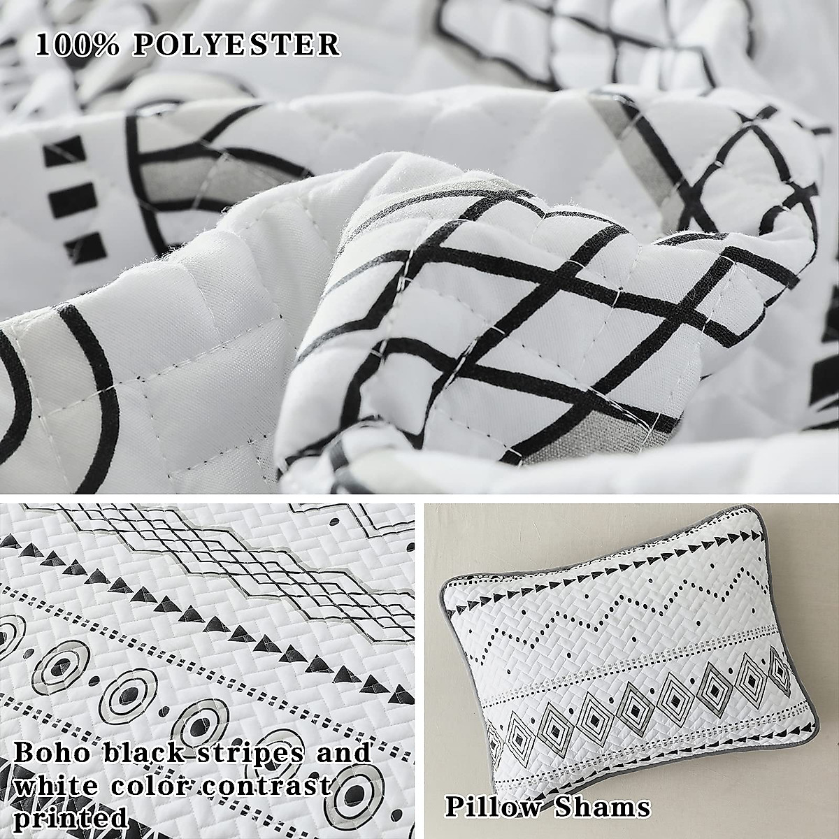 Flysheep 2-Piece Bohemian Geometric Twin Quilt Set for Kids, Aztec White n Black Boho Striped Summer Lightweight Bedspread/Coverlet Set, Brushed Microfiber for All Season - 68" x 86"