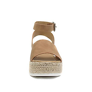 Soda Topic Open Toe Buckle Ankle Strap Espadrilles Flatform Wedge Casual Sandal (10, Tan)