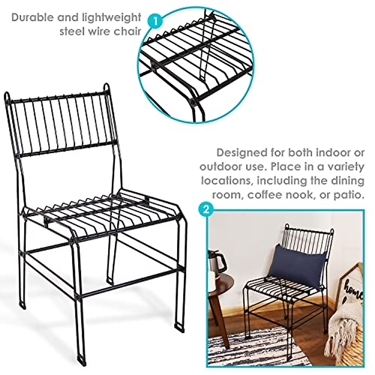 Sunnydaze Modern Wire Armless Dining Chair - Indoor/Outdoor Steel Wire Furniture for Patio, Sunroom, Deck, or Living Room - Black - 23.75-Inch H