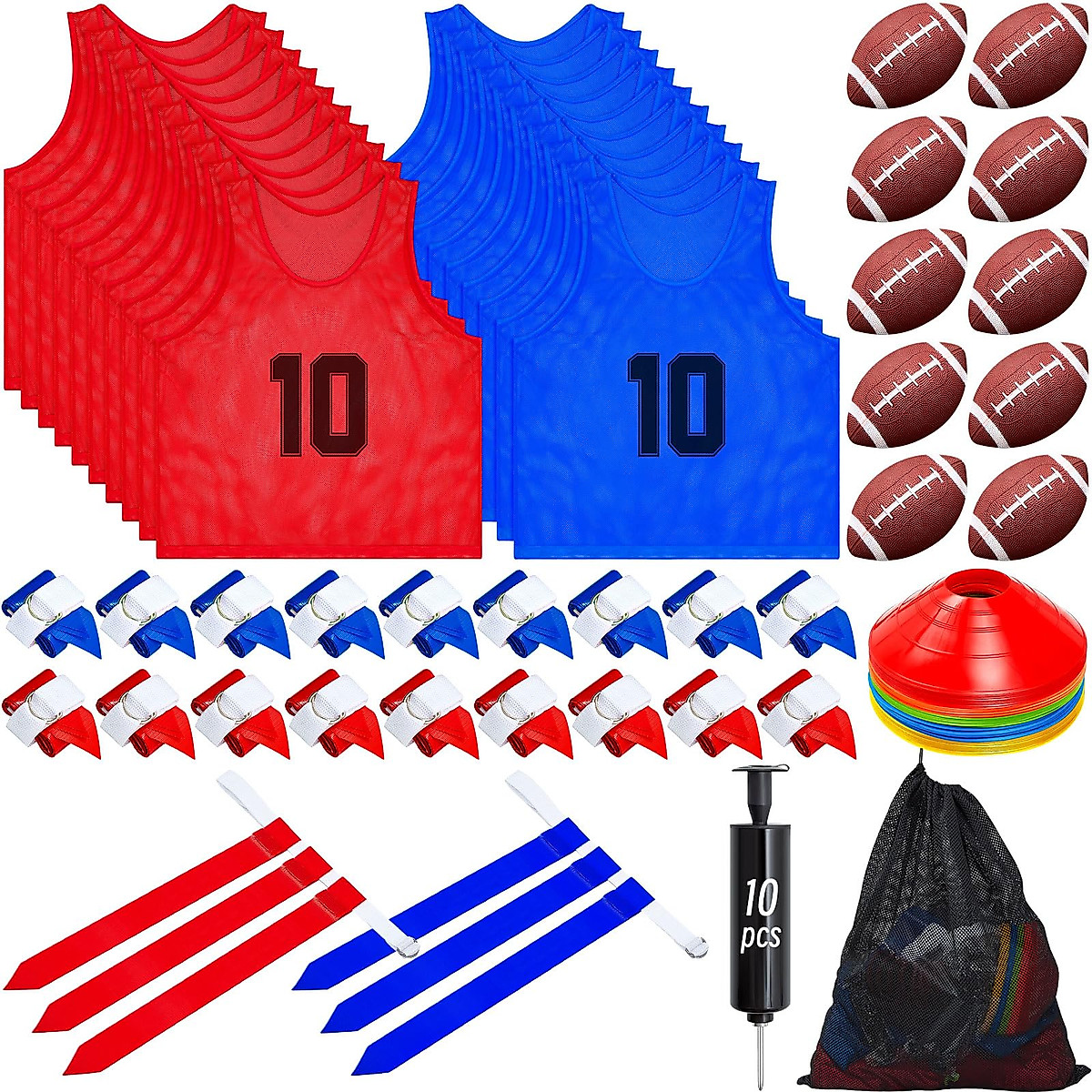 Meooeck 20 Player Flag Football Set Training Equipment Include Flag Football Jersey, Football, Belt, Flag, Cone