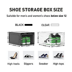 OKR Shoe Storage Box, 8 Pack Boxes Clear Plastic Stackable, Organizer with Magnetic Door, Containers and Sneaker for Men/Women, Fit up to US Size 12(13.4”x 10.6”x 7.5”)Black, Transparent