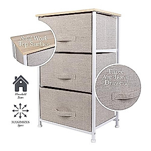 Simplify 3 Tier Vertical Storage Chest | Dresser | Nightstand | Fabric Drawers | Sturdy Steel Frame | Organizer | Bedroom | Closet | Easy to Assemble | Beige