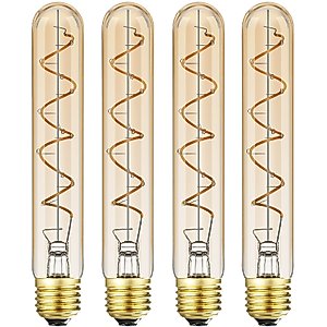 Dimmable T10 LED Bulbs, Warm White 2200K Amber, 7.3inch Long Tubular Light Bulb, 40 Watt Vintage Edison LED Filament Bulb,400lm,E26 Base Led Tube Bulb,Amber Glass,Pack of 4