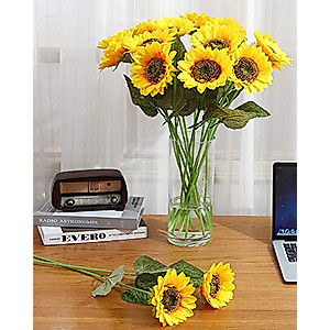 Laelfe 6PCS Artificial Sunflower Flowers Long Stem Silk Fake Sunflowers Decoration for Outdoor Home Wedding Birthday Party Single Bulk Yellow Decor(Dark Center)
