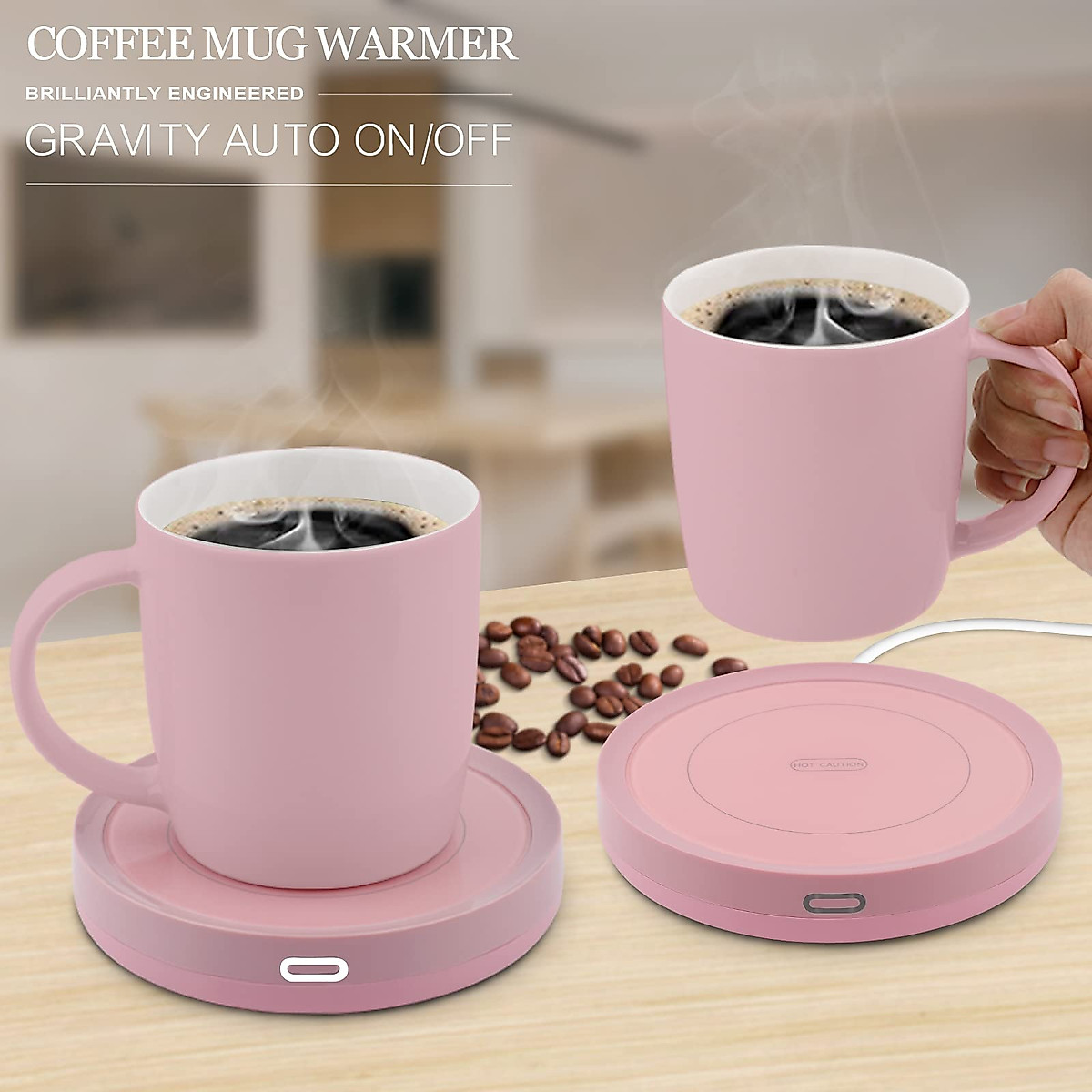 BESTINNKITS Smart Coffee Set Auto On/Off Gravity-Induction Mug Office Desk Use, Candle Wax Cup Warmer Heating Plate (Up to 131F/55C), 14oz (Pink Set)