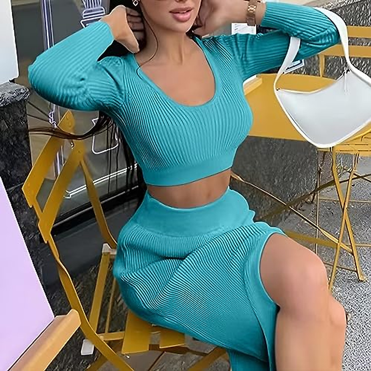 EOJN Women's Sexy 2 Piece Outfits Dress Set Long Sleeve Crop Sweater Top,Ribbed Knitted Midi Bodycon Skirt Set