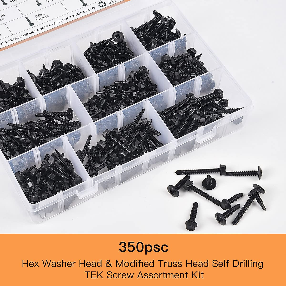 350PCS Self Tapping Screws Assortment, Black #8 Self Tapping Screws for Metal & Plastic with 410 Stainless Steel, Hex Washer Head & Phillips Round Head Self-Tapping Screws for Building & Repair