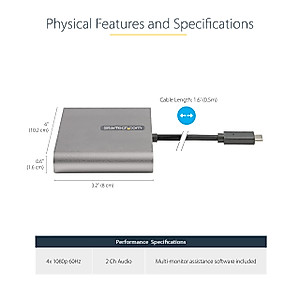 StarTech.com USB C to 4 HDMI Adapter - External Video & Graphics Card - USB Type-C to Quad HDMI Display Adapter Dongle - 1080p 60Hz - Multi Monitor Video Converter - Windows Only (USBC2HD4)