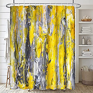 Abstract Yellow Bathroom Sets with Shower Curtain and Rugs and Accessories, Yellow Black and Gray Shower Curtain Sets, Modern Shower Curtains for Bathroom,Orange Bathroom Decor 4 Pcs