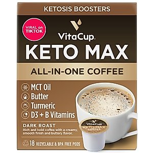 VitaCup Keto Max Dark Roast Coffee Pods, Ketosis & Energy, Butter, MCT Oil, Turmeric, B Vitamins, D3, All-In-One Keto Recyclable Single Serve Pod Compatible w/Keurig K-Cup Brewers,18 Ct