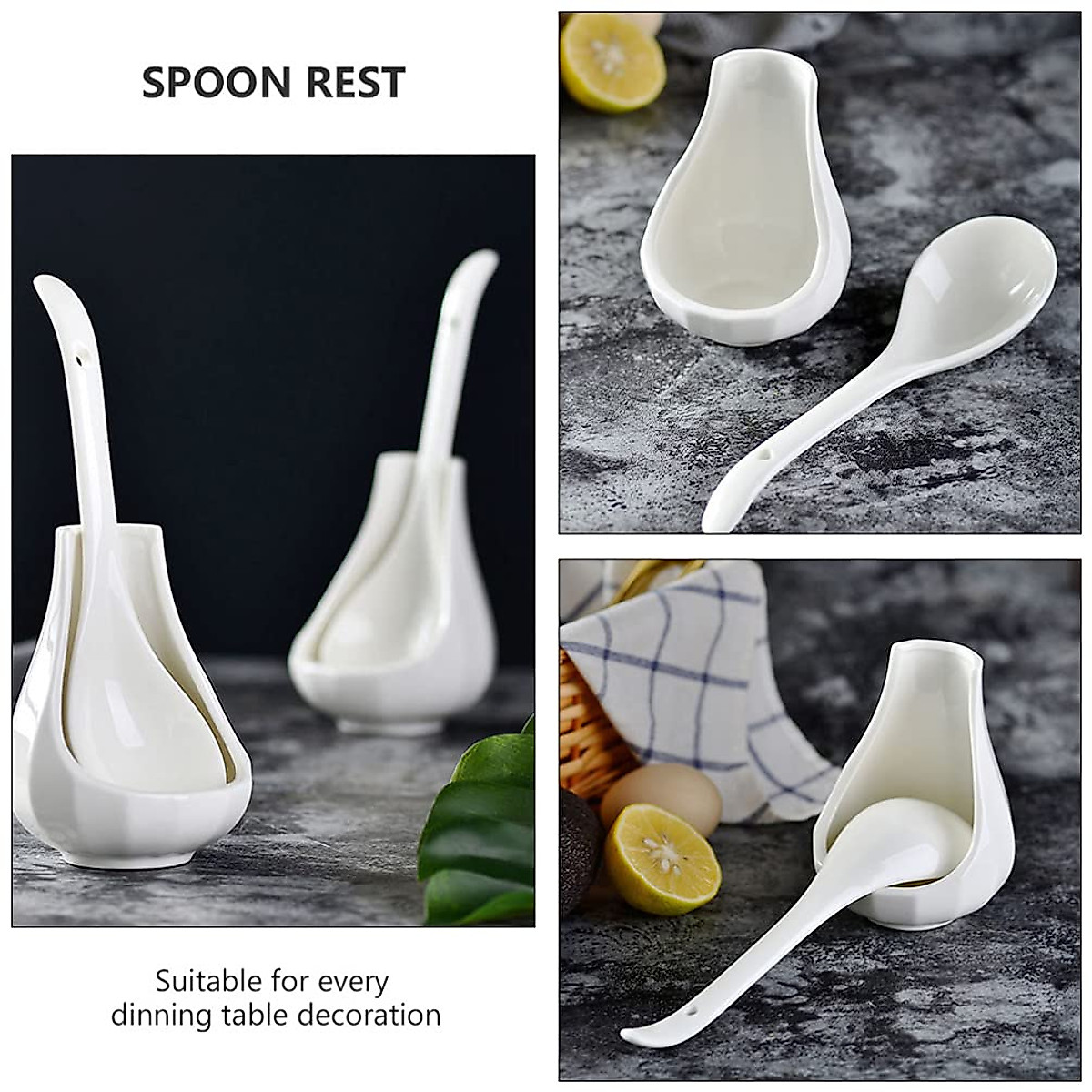 Hemoton Decor 2pcs Ceramic Spoon Rest Bottle Long Handle White Ceramics Stainless Steel Spoon