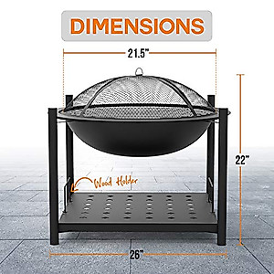 SereneLife Portable Outdoor Wood Fire Pit - 2-in-1 Steel BBQ Grill 26" Wood Burning Fire Pit Bowl w/ Mesh Spark Screen, Cover Log Grate, Wood Fire Poker for Camping, Picnic, Bonfire - SLCARFP54