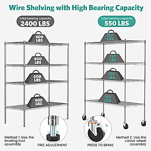 Leteuke Wire Shelving Unit with Wheels, NSF Certified 4 Tier Adjustable Storage Shelves 60"×24"×72", 2400LBS Heavy Duty Shelving Commercial Grade Metal Storage Utility Rack for Kitchen Garage, Chrome
