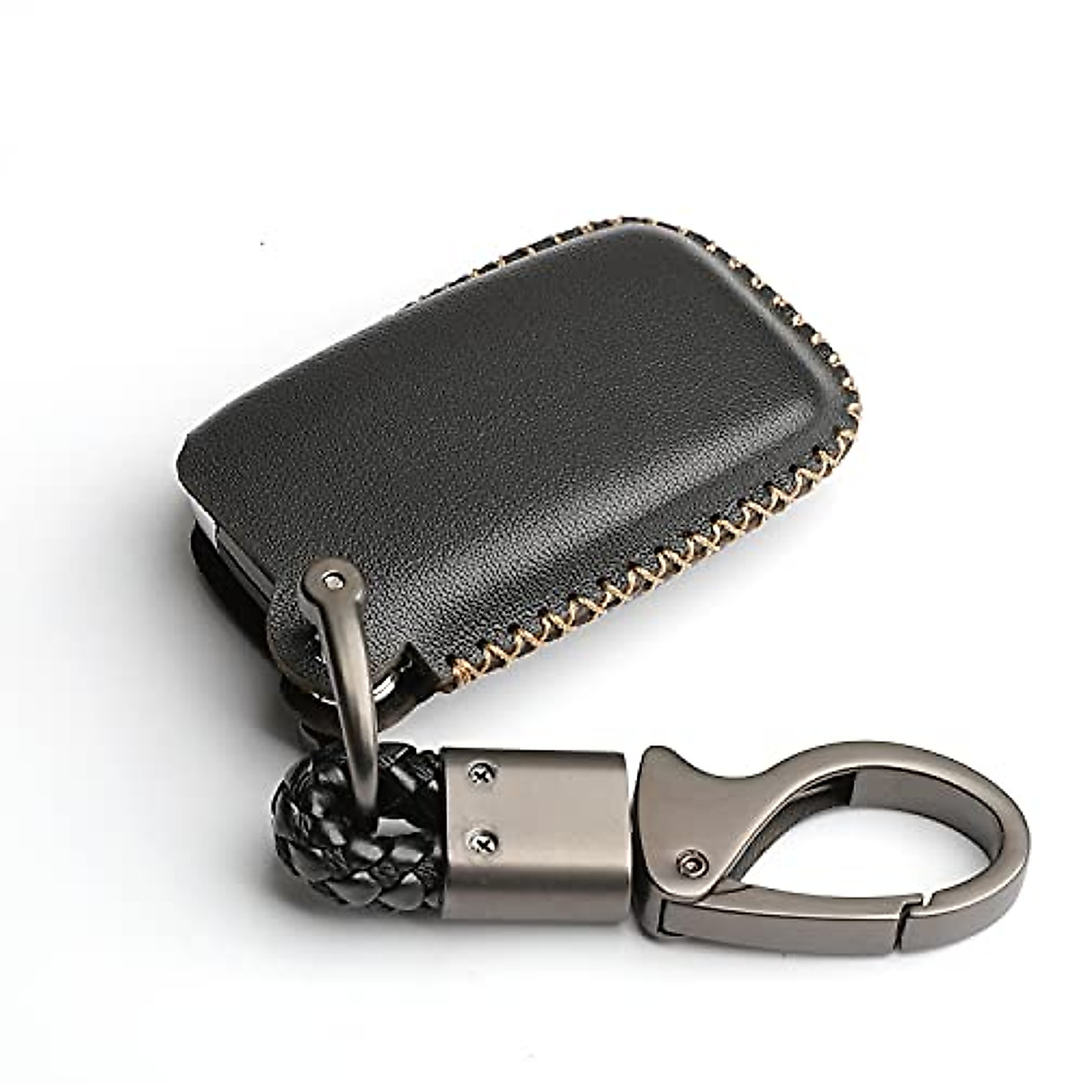 WFMJ Leather for Land Rover Range Rover Sport LR2 LR4 Evoque Jaguar XF XJ XJL XE Remote Smart 5 Buttons Key Fob Case Cover Chain Keychain (Black)