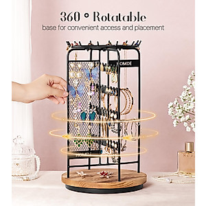 Homde 360 Rotating Jewelry Stand Hold up to 48 Pairs of Earrings and 34 Necklaces Jewelry Tower Tree Earring Necklace Bracelet Display Organizer with Solid Wood Base (Brown + Black)