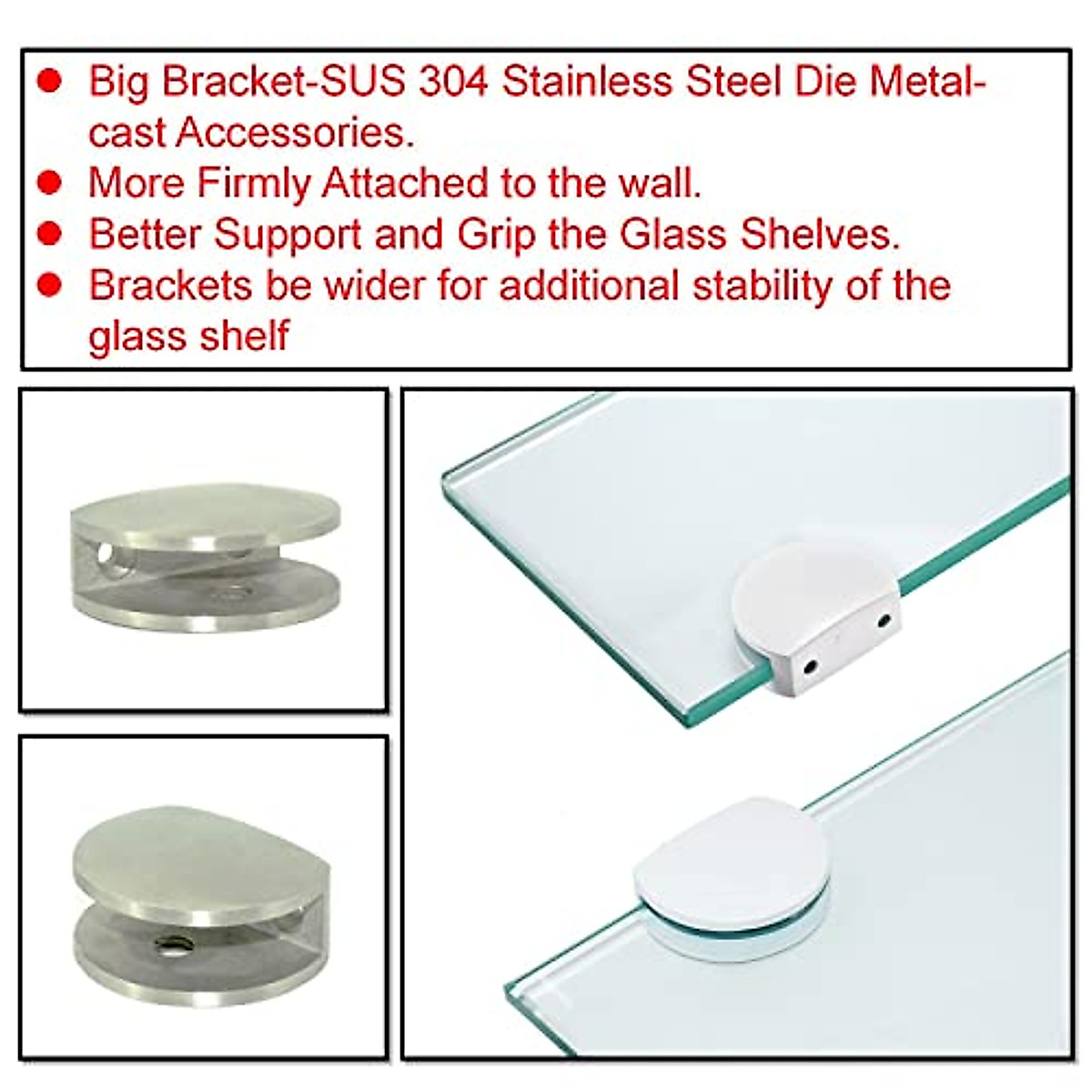 APROTOSS 16 inch Glass Shelf for Bathroom with Heavy Duty Brackets White , Glass Floating Shelf Brackets-Stainless Steel Die Metal - Cast Accessories , Wall Mounted Clear Glass Bathroom Shelf
