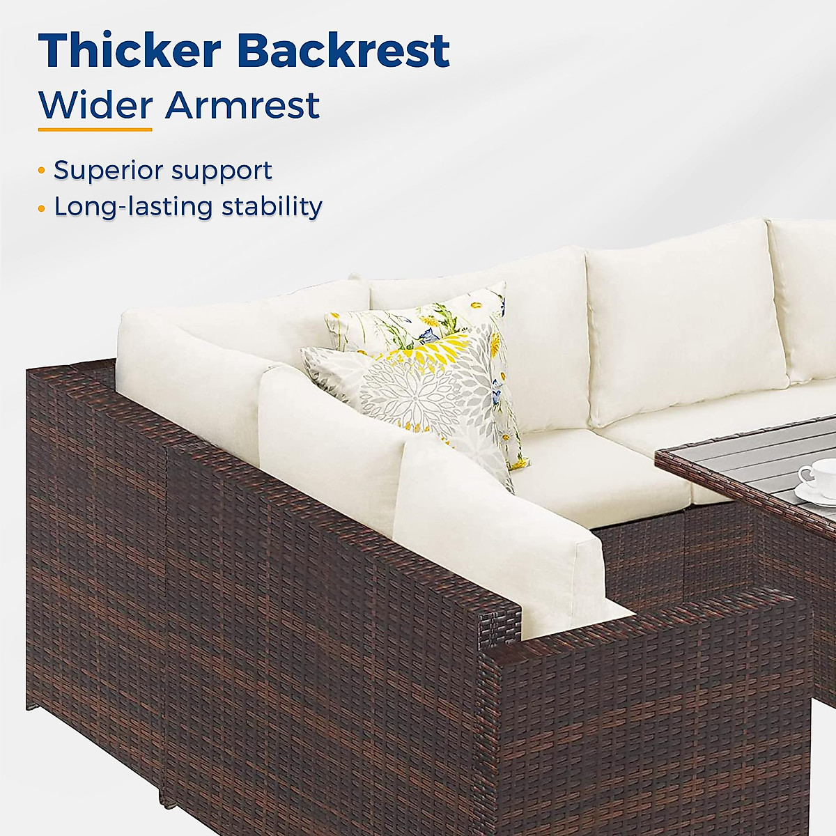 Wisteria Lane Patio Furniture Set, 7 Piece Outdoor Dining Sectional Sofa with Dining Table and Chair, All Weather Wicker Conversation Set with Ottoman, Ivory