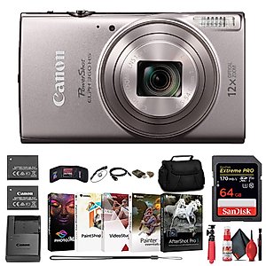 Canon PowerShot ELPH 360 HS Digital Camera (Silver) (1078C001) + 64GB Memory Card + NB11L Battery + Case + Charger + Card Reader + Corel Photo Software + HDMI Cable + Flex Tripod + More (Renewed)