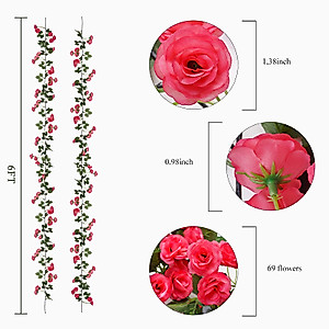 Houele 2 Pack (16FT) Fake Rose Vine Flowers Plants Artificial Rose Vine Flowers for Wedding Home Party Garden Craft Art Decor(Rose Pink)
