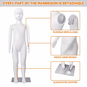 Child Mannequin Kids Dress Form Full Body White Skin Adjustable Detachable Manikin Body Display with Metal Base for Children 43.3 Inches