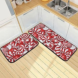 CUPADA Christmas Sweets Kitchen Rugs and Mats 2 Pcs, Candy Canes Non-Slip Floor Runner Mat for Living Room Bedroom Dorm Hallyway Home Decor 19.7"x27.6"+19.7"x47.2"