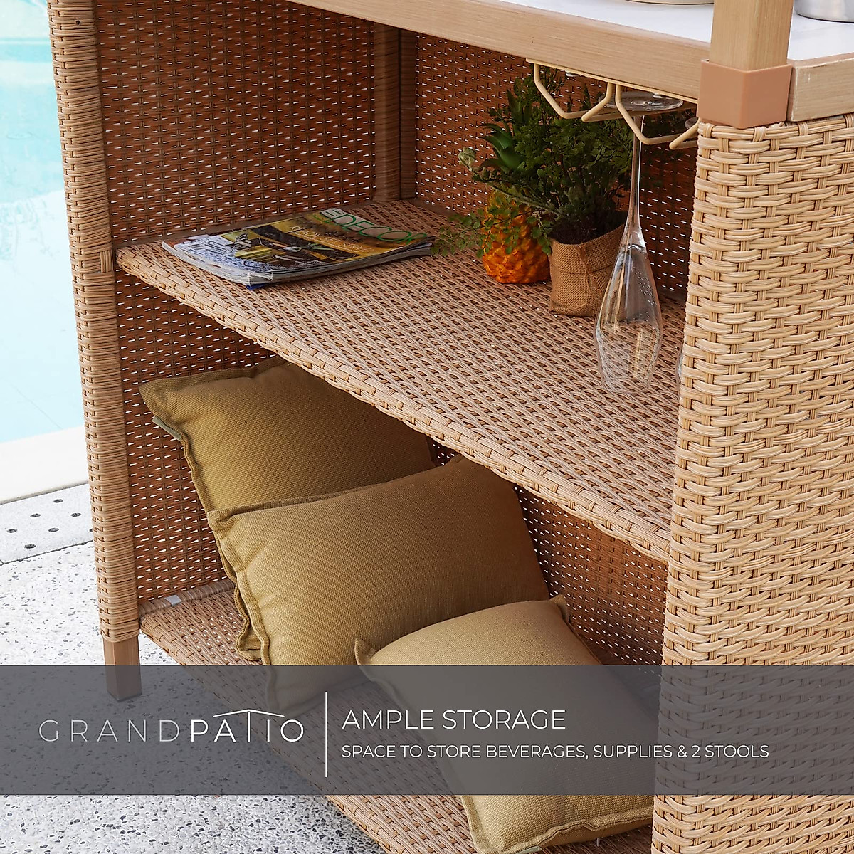 Grand patio Outdoor Tiki Bar Set with Widen Ceramic Top (42" W), Phuket 5-Piece Wicker Islander Tiki Bar and 4 Stools Storage for Garden, Natural