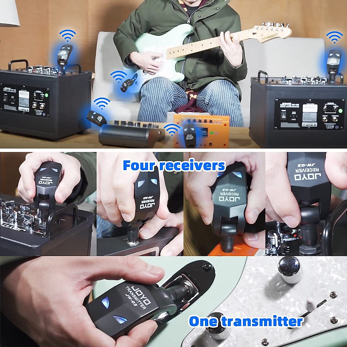 JOYO 2.4GHz Wireless Guitar System 4 Channels Rechargeable Audio Wireless Transmitter Receiver for Guitar Bass Electric Instruments (JW-03)