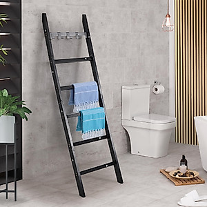 Blanket Ladders for The Living Room - 62 Inches - Decorative Ladder for Blankets, Throws, Quilts - 6 Tiers Ladder Blanket Holder with Hooks, Non-Slip Pads - Black, Grey, White, Brown (Black)