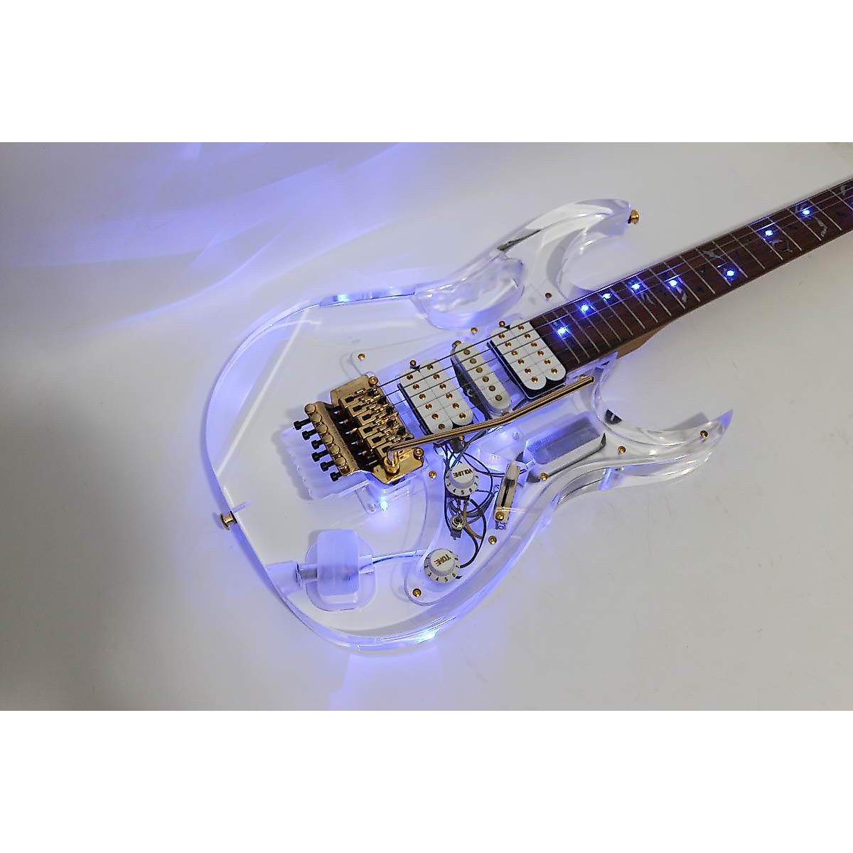 LED Light Electric guitar Crystal Guitar Body Maple Rosewood Vine Inlay Blue Color