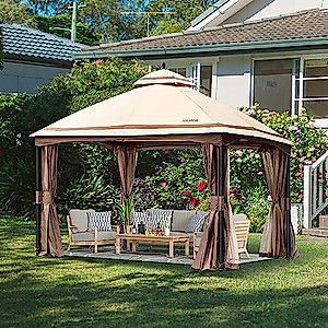 VEVOR Patio Gazebo for 10-12 Person, 10 x 13 FT Backyard Gazebo, with Mosquito Netting, Metal Frame, and PU Coated 180G Polyester, Outdoor Canopy Shelter for Patio, Backyard, Lawn, Garden, Deck