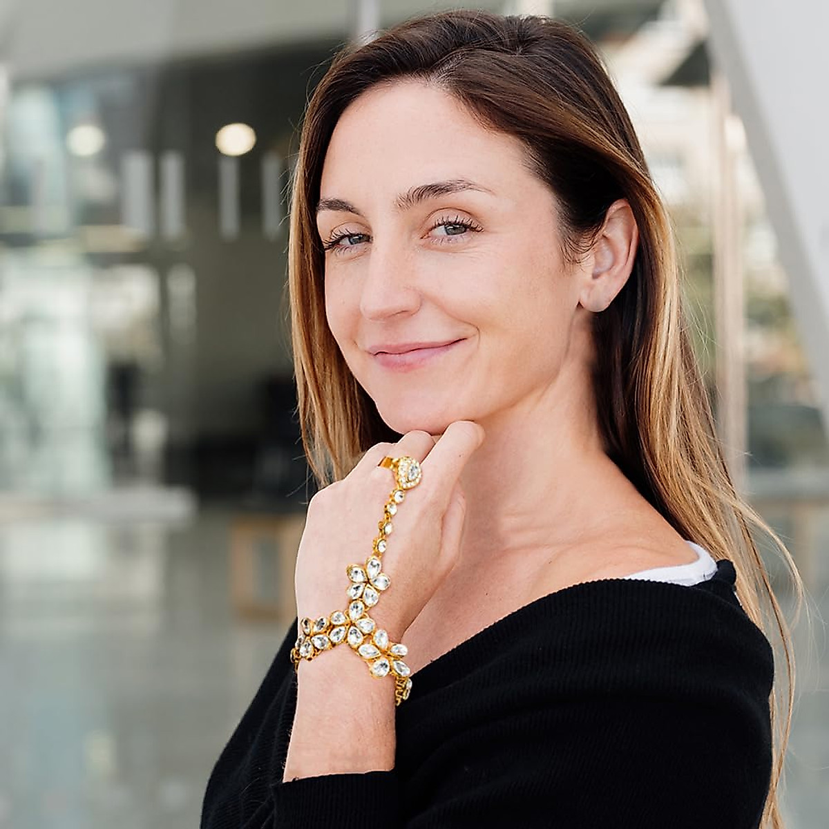 Duel On Jewel Traditional Indian Ethnic Womens Bridal Wedding Party Gold Plated Hand Piece Ornament Haath Phool Bracelet Set Attached with One Adjustable Ring in White Kundan Stone