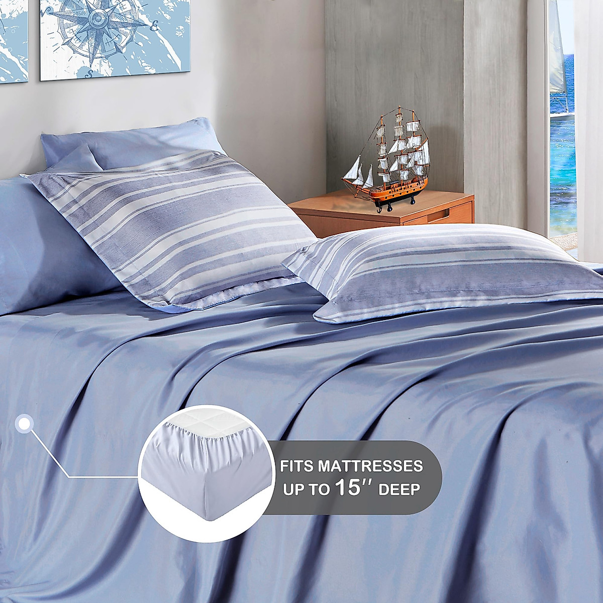 Full Size Comforter Set with Sheets, Modern Blue and White Striped Bed in a Bag, 7-Piece Complete Bedding Set Including Reversible Comforter, 2 Sheets, Pillowcases & Shams