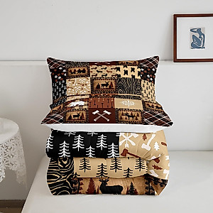 Bear Comforter Set Cute Elk Print Bedding Set for Teens Farmhouse Wild Animals Style Bedding Set Plaid Grid Geocmetric Brown Black Duvet Set Room Decor 2Pcs with 1 Pillow Case Twin Size