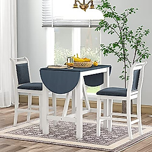 RUNNA Farmhouse 3-Piece Counter Height Dining Table Set with 2 Upholstered Chairs and Extendable Drop Leaf,Wood Kitchen Table for Small Place Use (White#A)